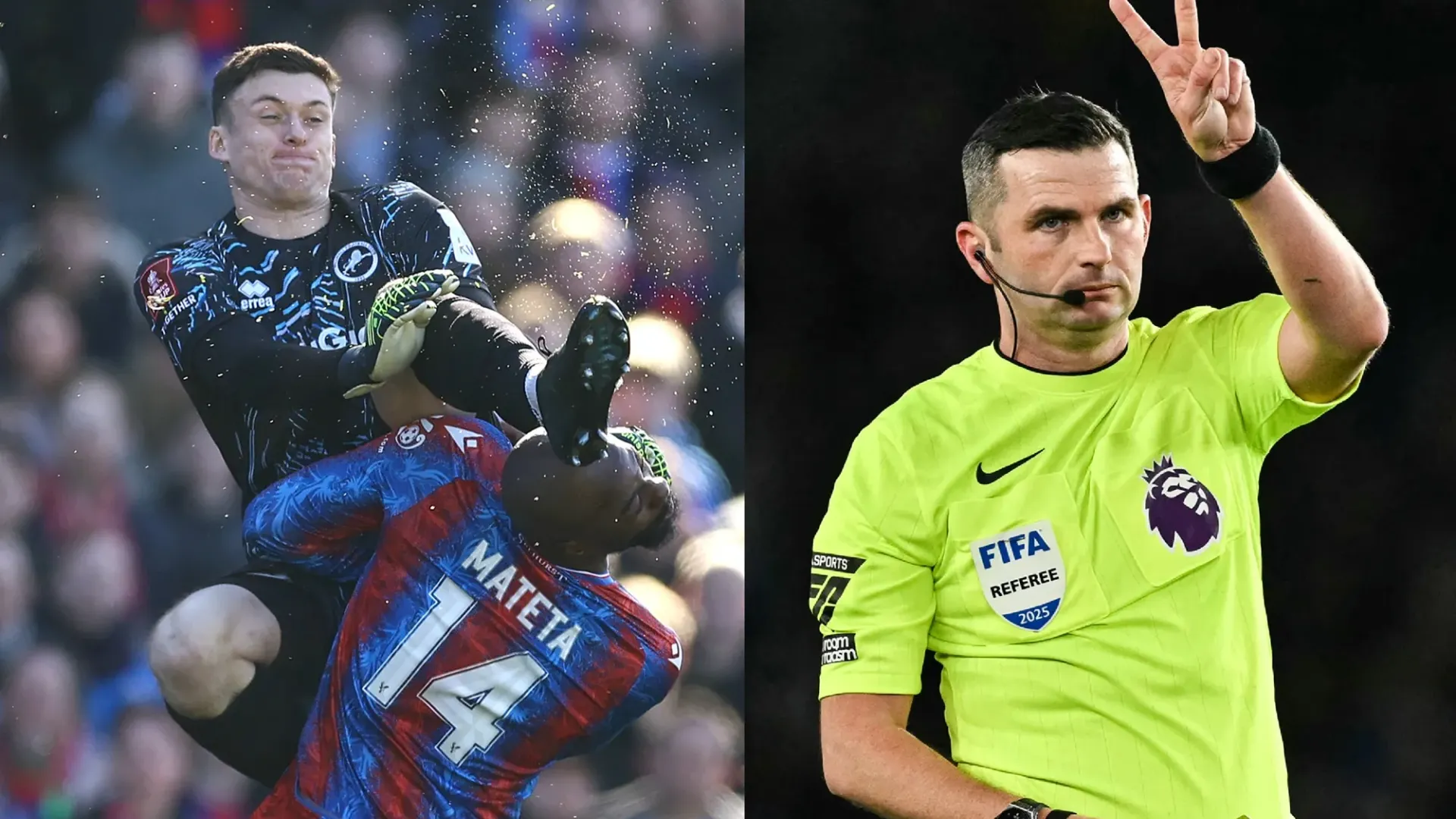 Stop per l'arbitro Oliver dopo il fallo horror in Inghilterra: le foto